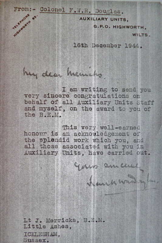 Lt Jack Merricks BEM letter | British Resistance Archive (staybehinds.com)